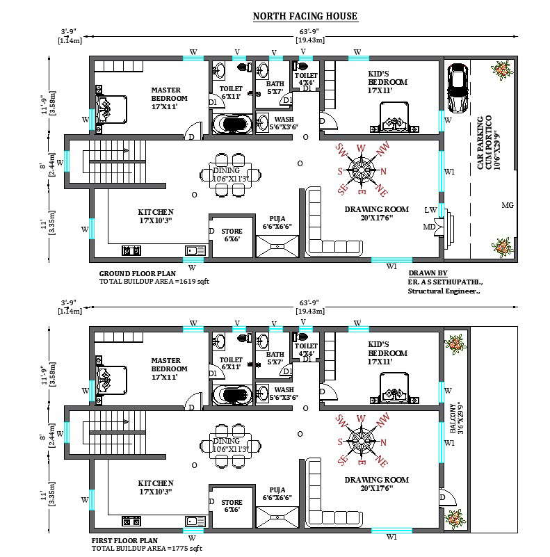63’x30’ North facing G+1 house furniture interior plan. Download the ... 63’x30’ North facing G+1 house furniture interior plan. Download the ...