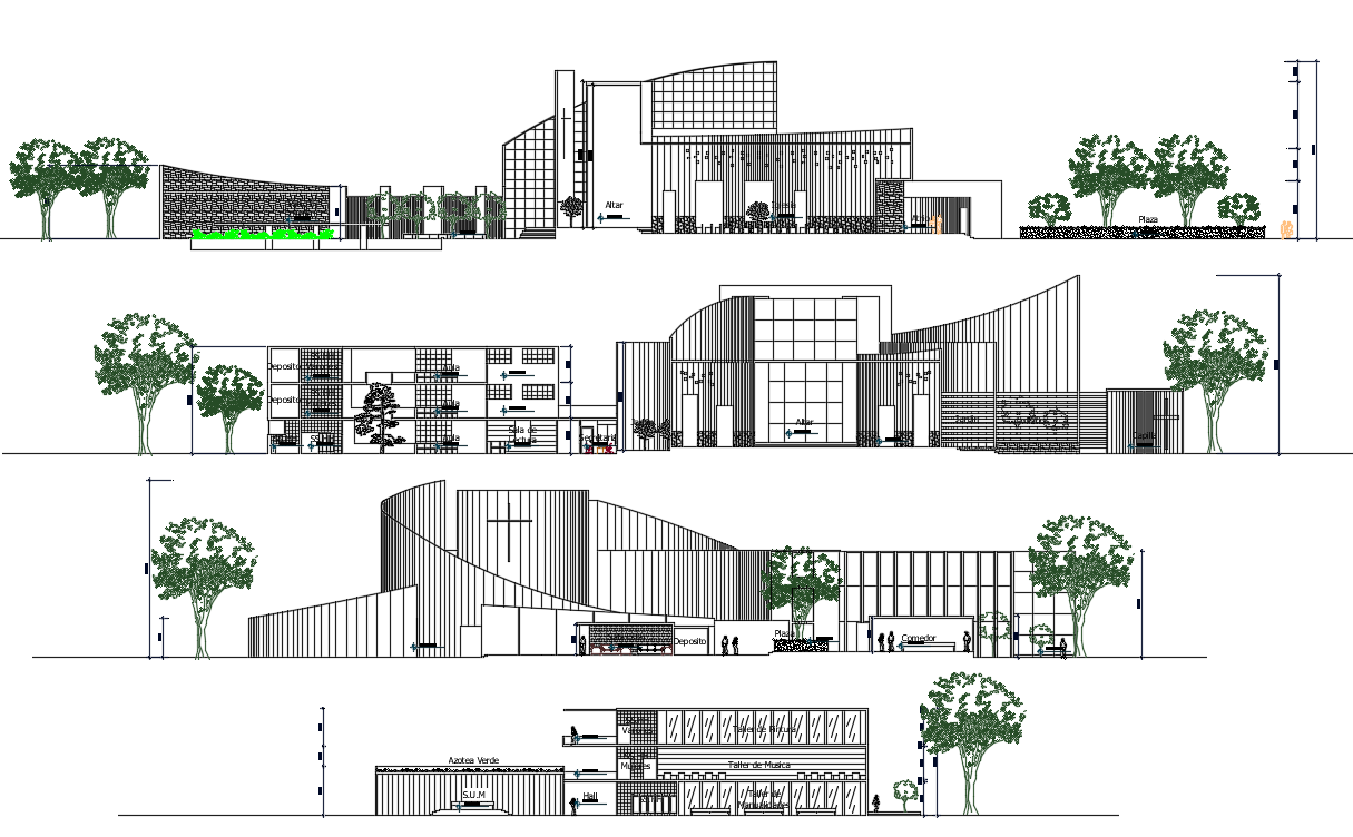 Church Religious Complex Building Sectional Elevation Drawing Download ... Church Religious Complex Building Sectional Elevation Drawing Download ...