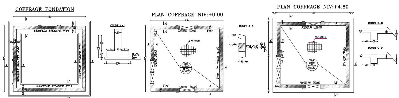Coffrage Foundation Plan And Sections Detail Design In Autocad Drawing Cad File Dwg File Cadbull
