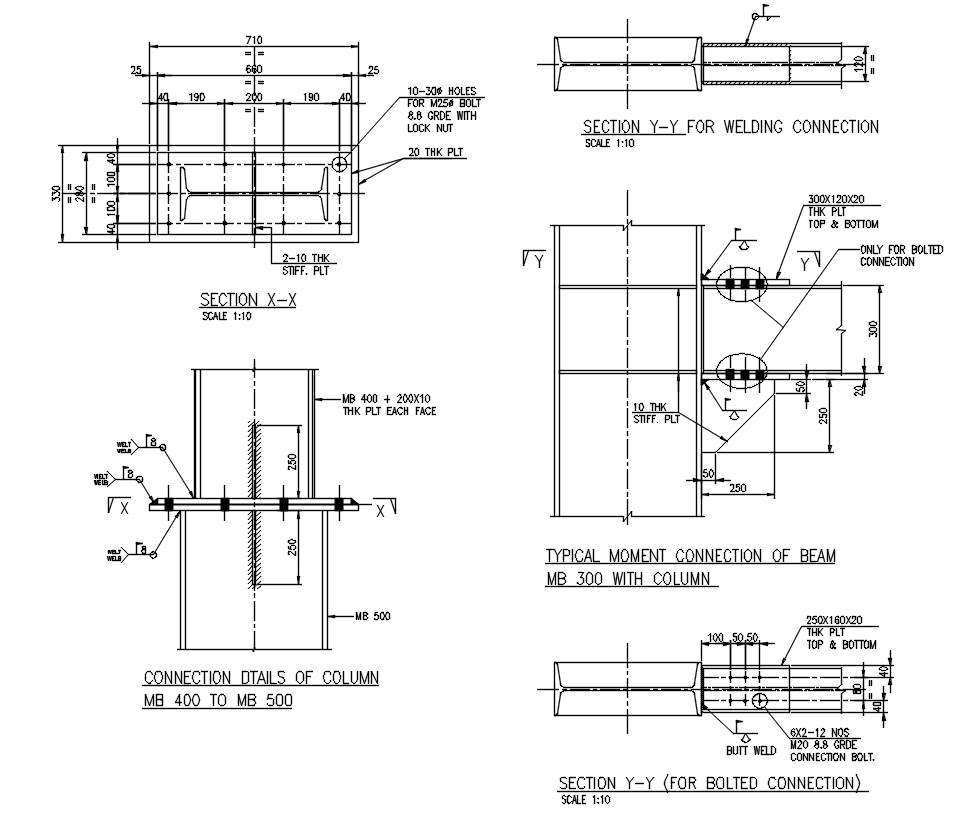 Different Connections Details Of Column Design Sections In Autocad 2d
