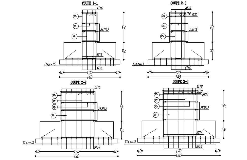 Different Footing Sections Design With Reinforcement Details In Autocad 2d Drawing Cad File