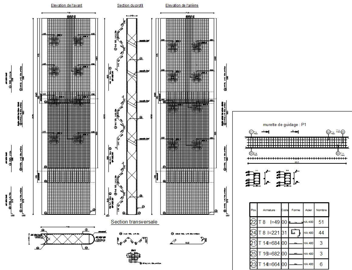 Different Sections And Elevation Of Wall With Reinforcement Details In Autocad 2d Drawing Cad