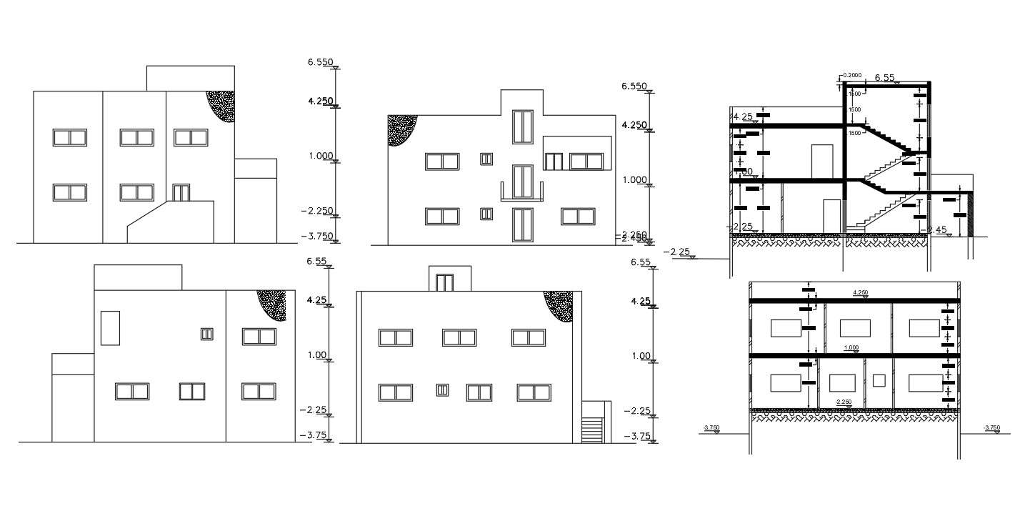 Four Side Modern Architecture Elevations And Sections DWG File Four Side Modern Architecture Elevations And Sections DWG File