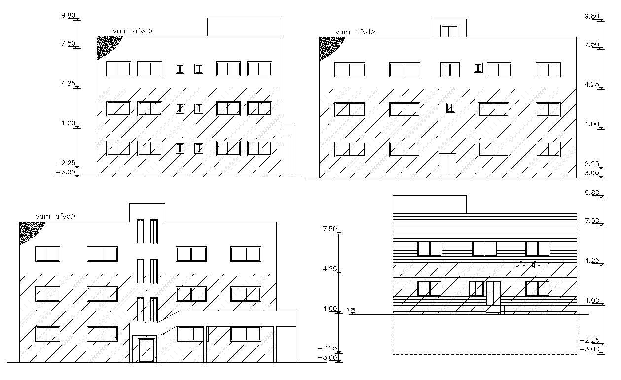 Four Side Modern Architecture Elevations Of Three Story Building Four Side Modern Architecture Elevations Of Three Story Building