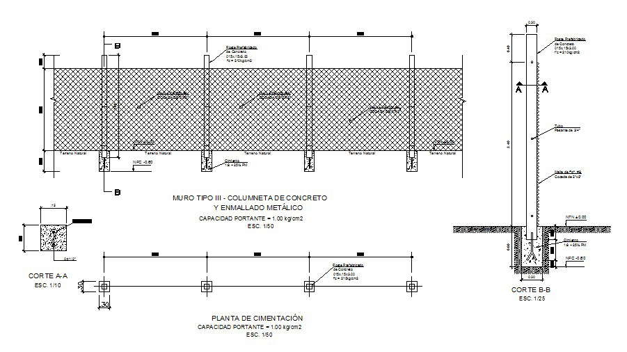 Metallic structure fence section, plan and constructive structure ... Metallic structure fence section, plan and constructive structure ...