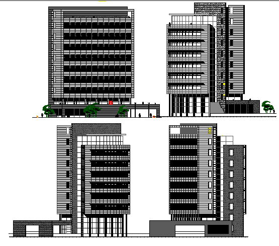 Multi-flooring administration building all sided elevation details dwg ... Multi-flooring administration building all sided elevation details dwg ...