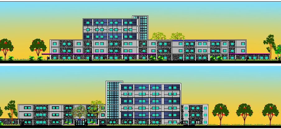 Multi-flooring multi-specialty hospital front and back elevations dwg ... Multi-flooring multi-specialty hospital front and back elevations dwg ...