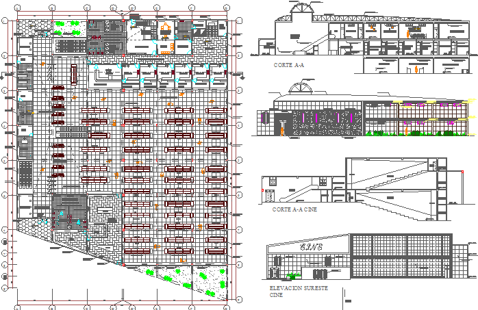 Multi-level shopping center elevation, sections and layout plan details ... Multi-level shopping center elevation, sections and layout plan details ...