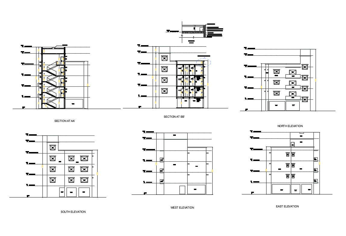 Residential building all sided elevation and sectional details dwg file ... Residential building all sided elevation and sectional details dwg file ...