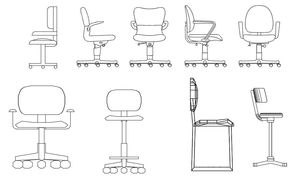 The Autocad 2d Drawing Shows Various Types Of Office Rolling Chairs