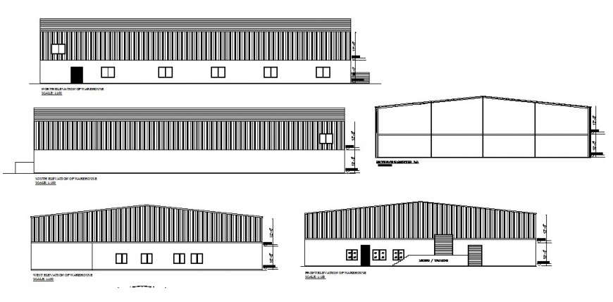 All sided elevation drawing details of industrial warehouse building ...