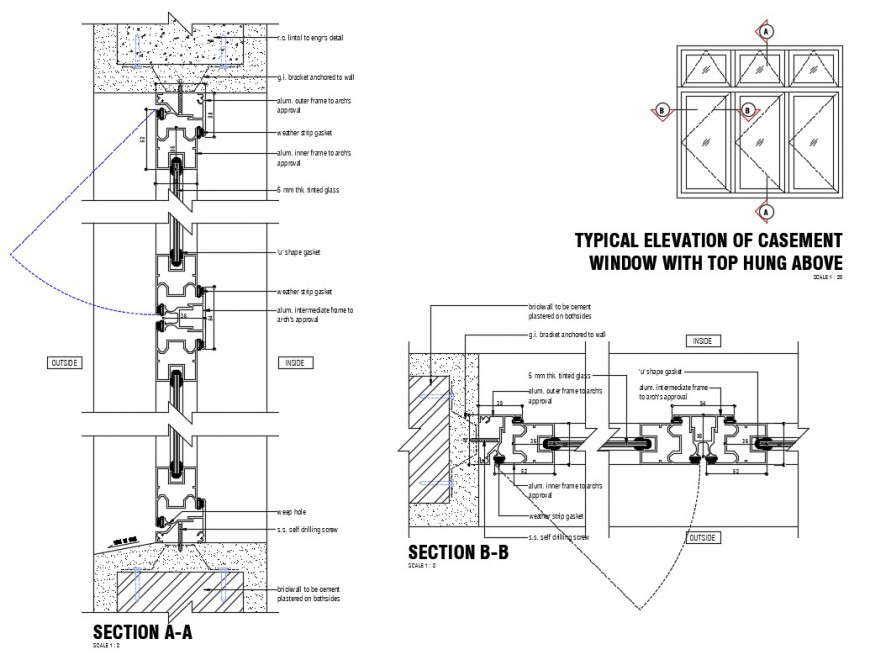 Aluminium frame casement window installation details dwg file - Cadbull Aluminium frame casement window installation details dwg file - Cadbull