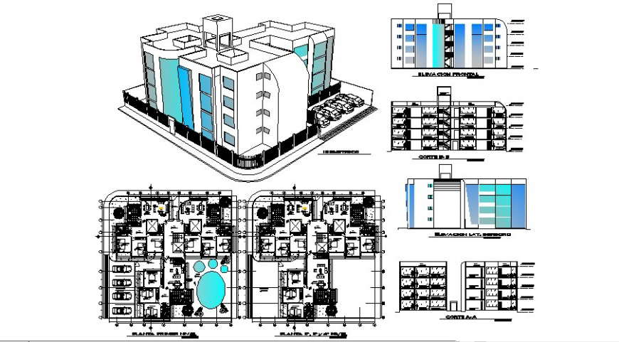 Apartment building isometric elevation, all sided elevation, section ... Apartment building isometric elevation, all sided elevation, section ...