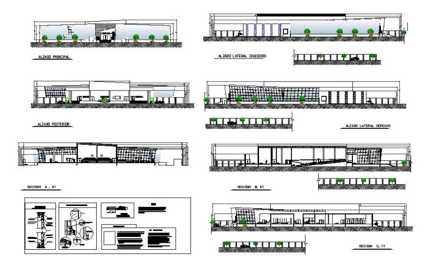 Auditorium hall building all sided elevation and section drawing ... Auditorium hall building all sided elevation and section drawing ...