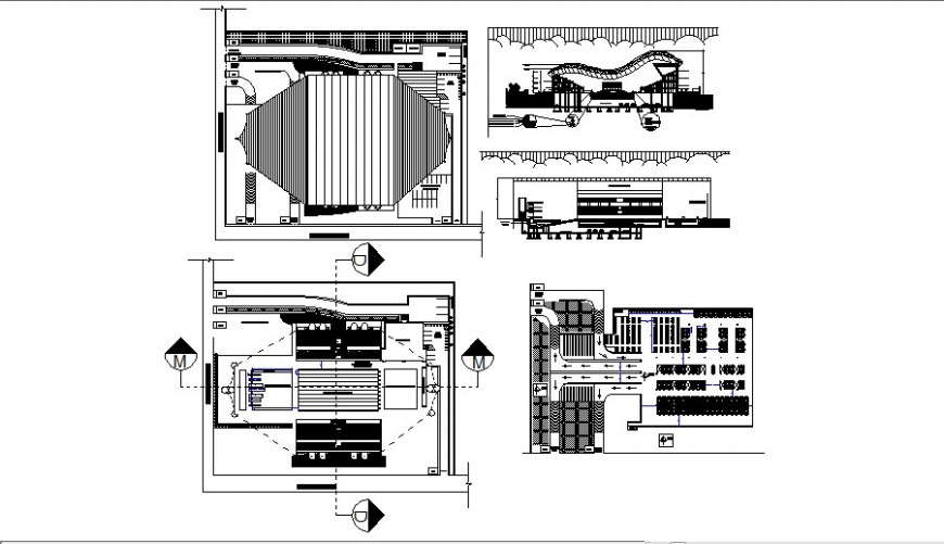Auditorium hall building elevation, section and floor plan drawing ... Auditorium hall building elevation, section and floor plan drawing ...