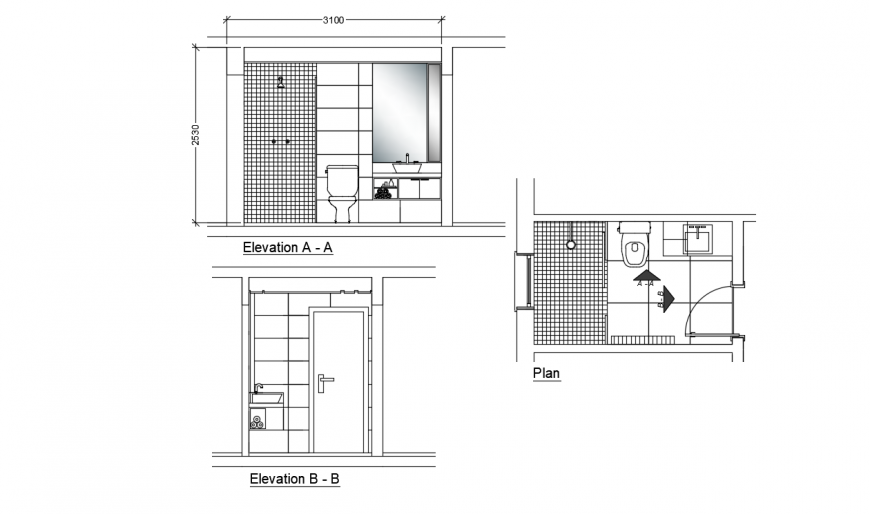 Bathroom sectional elevation, plan and installation details dwg file ...
