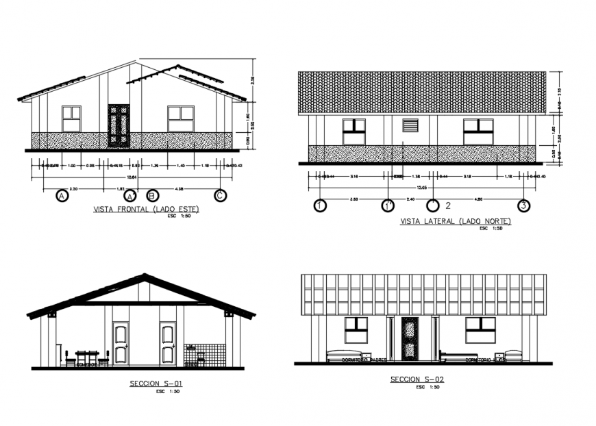 Front and back elevations and sectional details of single story house ... Front and back elevations and sectional details of single story house ...