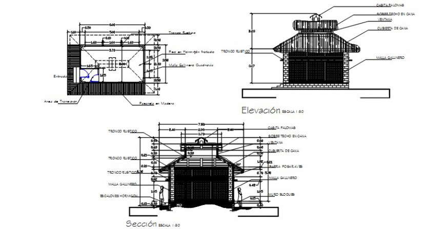 Gazebo roof house type elevation, constructive section and plan details ... Gazebo roof house type elevation, constructive section and plan details ...