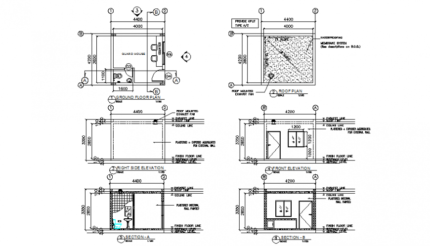 Guard house plan, elevation and section detail dwg file - Cadbull