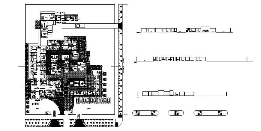 Hospital building all sided elevation, section and distribution plan ...