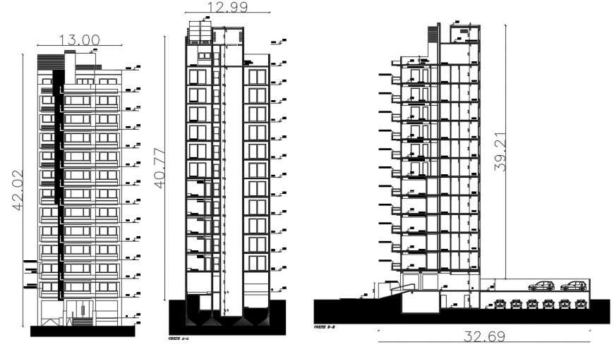 Main elevation and both sided section drawing details for multi-level ...