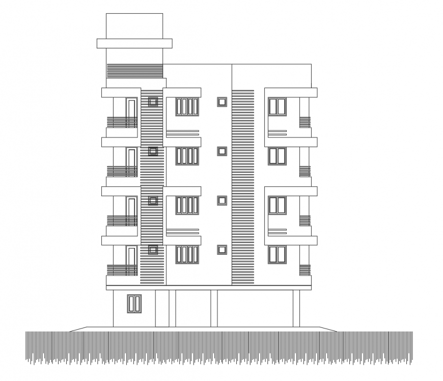 Main elevation details of multi-level hotel building dwg file - Cadbull