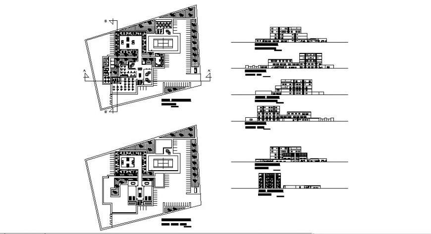 Multi-flooring hotel building all sided elevation, section and floor ... Multi-flooring hotel building all sided elevation, section and floor ...