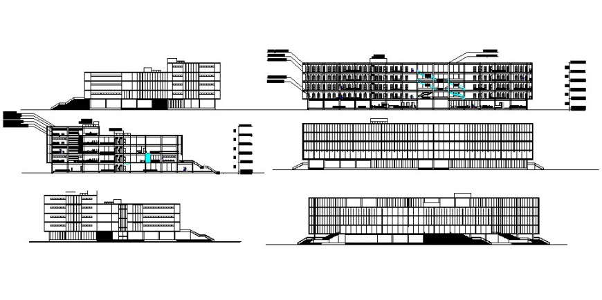 Multi-flooring shopping mall building all sided elevation and section ...