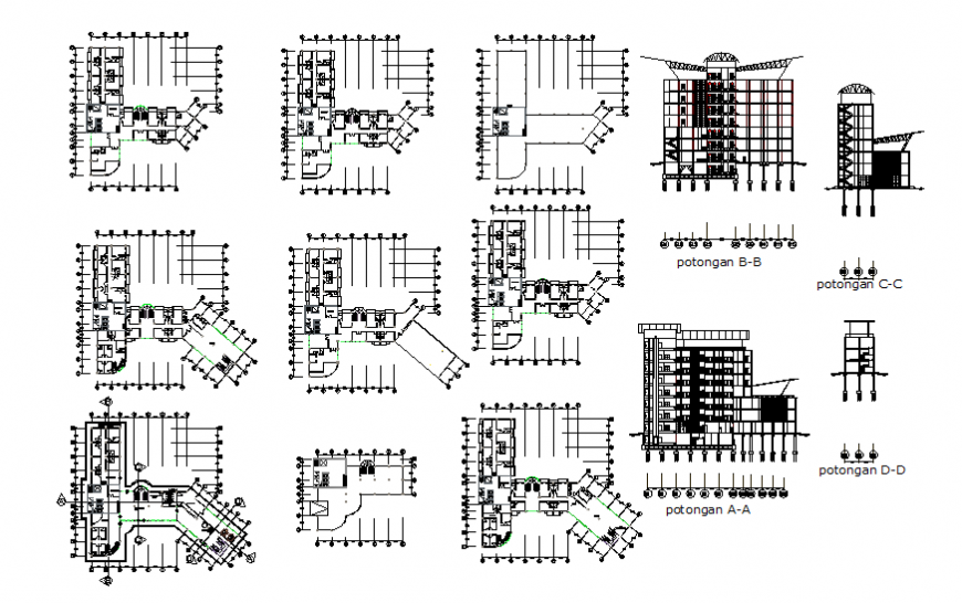 Multi-level corporate building elevation, section and floor plan ... Multi-level corporate building elevation, section and floor plan ...