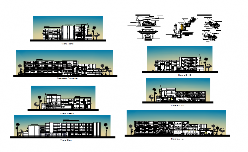 Multi-level corporate office building all sided elevation and section ... Multi-level corporate office building all sided elevation and section ...