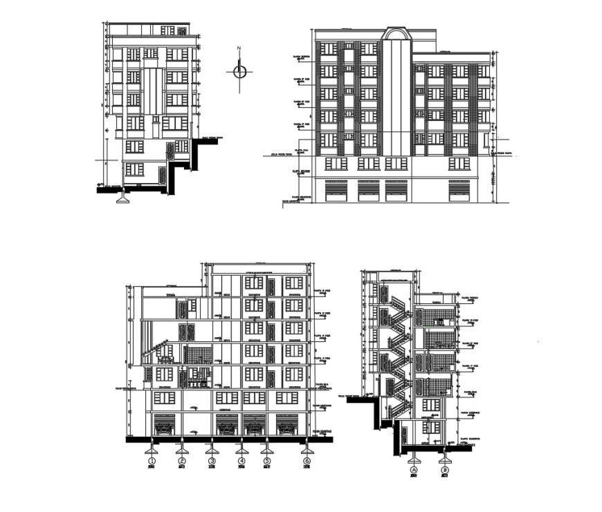 Multi-level office building all sided elevation and section drawing ... Multi-level office building all sided elevation and section drawing ...