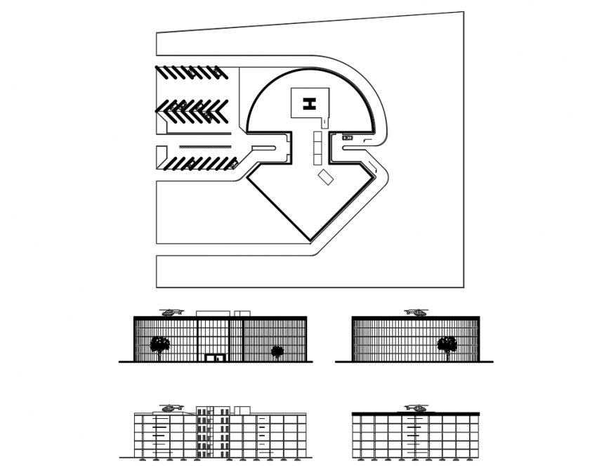 Multi-specialist multi-level hospital building all sided elevation and ...