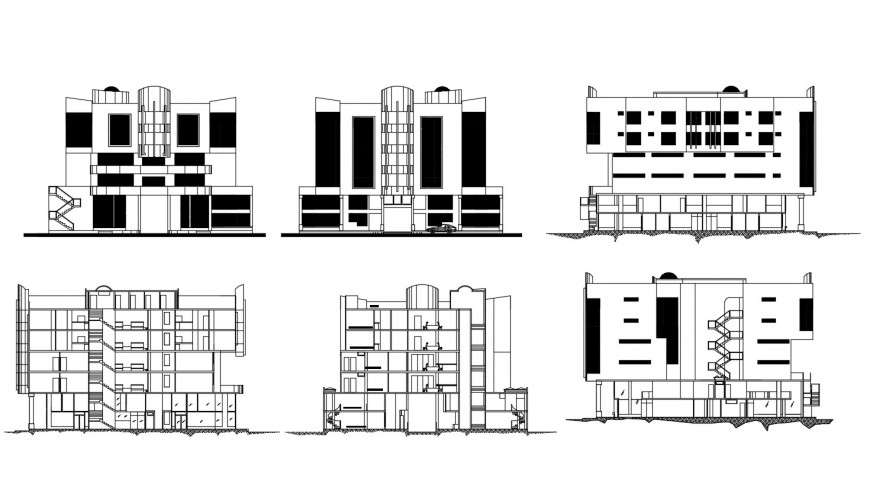 Multi-story shopping mall building all sided elevations and section cad ...