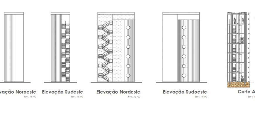Multi-story terminal building all sided elevation and section drawing ... Multi-story terminal building all sided elevation and section drawing ...