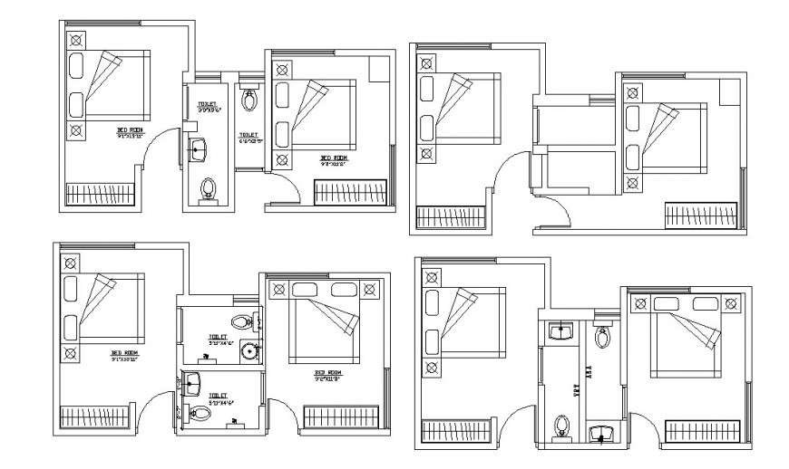 Multiple Bedrooms With Bathroom Top View Layout Plan Cad Drawing
