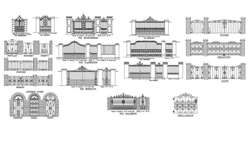 Multiple main gate elevation blocks cad drawing details dwg file - Cadbull