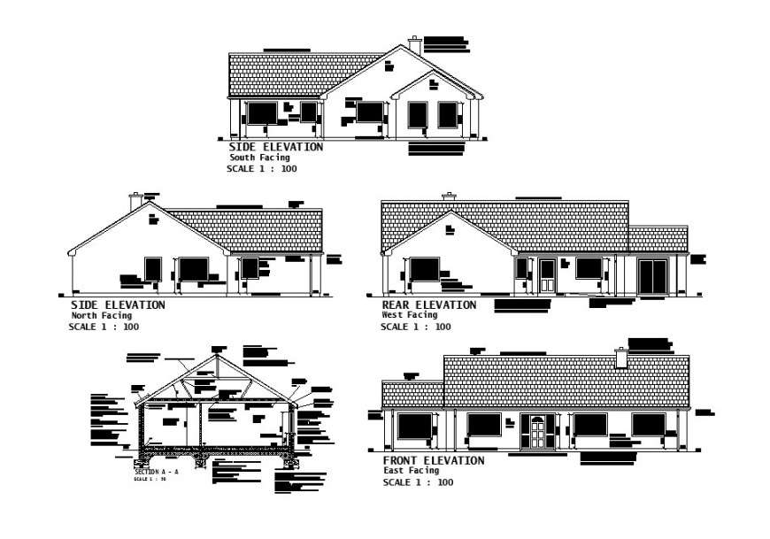 One story house all sided elevation and section cad drawing details dwg ... One story house all sided elevation and section cad drawing details dwg ...