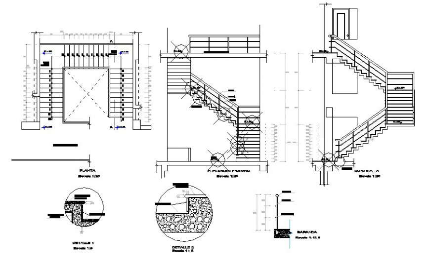 Plan Elevation And Section Of Staircase Construction Detail 2d View Cad Structural Block Layout
