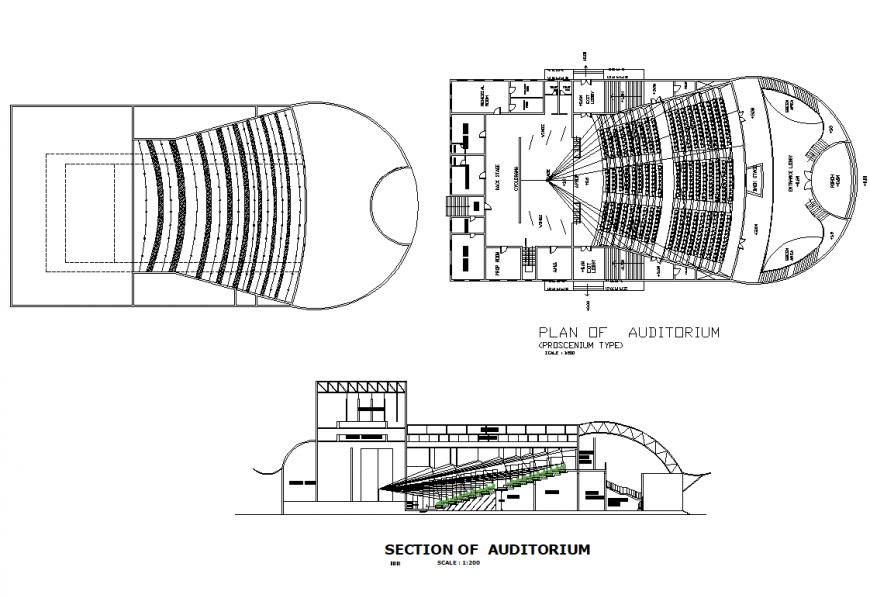 Plan and section auditorium and acoustic detail layout file - Cadbull