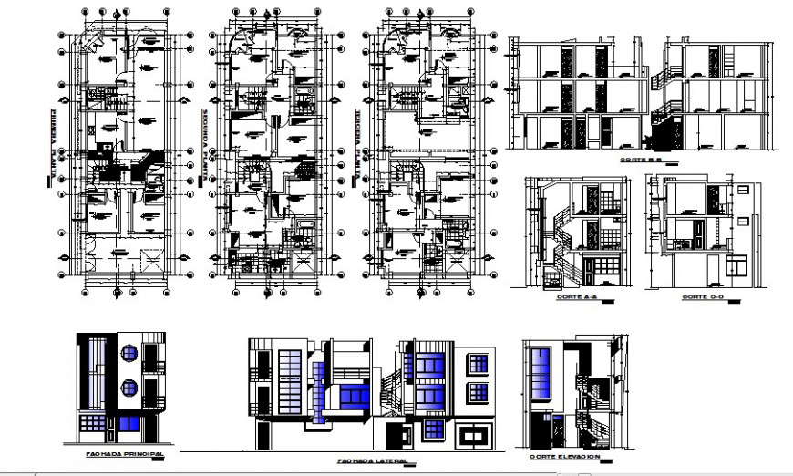 Residential house building all sided elevation, section and plan ... Residential house building all sided elevation, section and plan ...