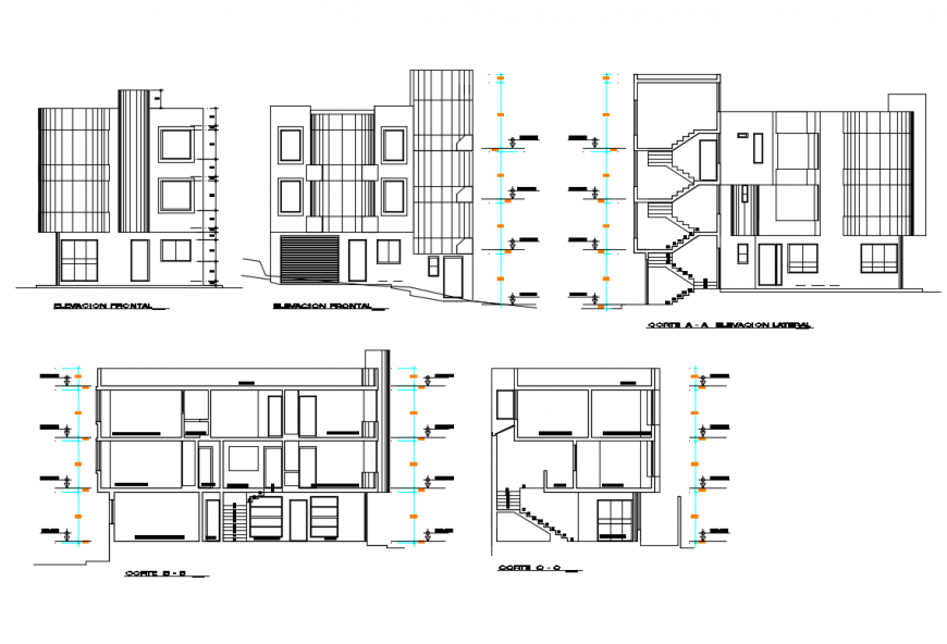 Residential multi-level building all sided elevation and section ...