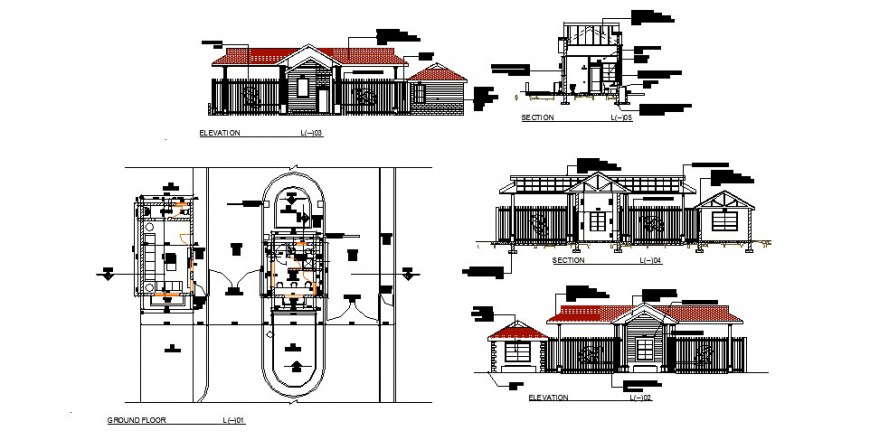 Single family house with gate and fence elevation, section and layout ... Single family house with gate and fence elevation, section and layout ...