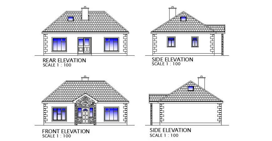 Single story house front, rear and side elevation cad drawing details ... Single story house front, rear and side elevation cad drawing details ...