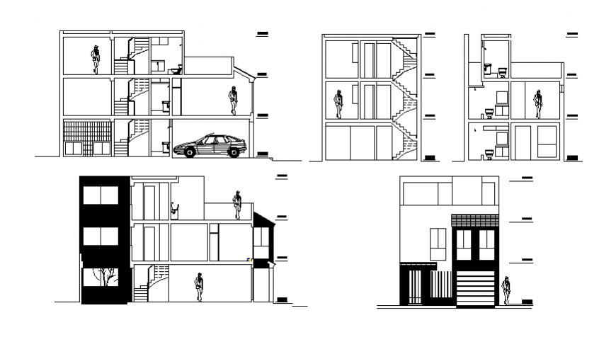 Three-story house all sided elevation and section details dwg file ... Three-story house all sided elevation and section details dwg file ...